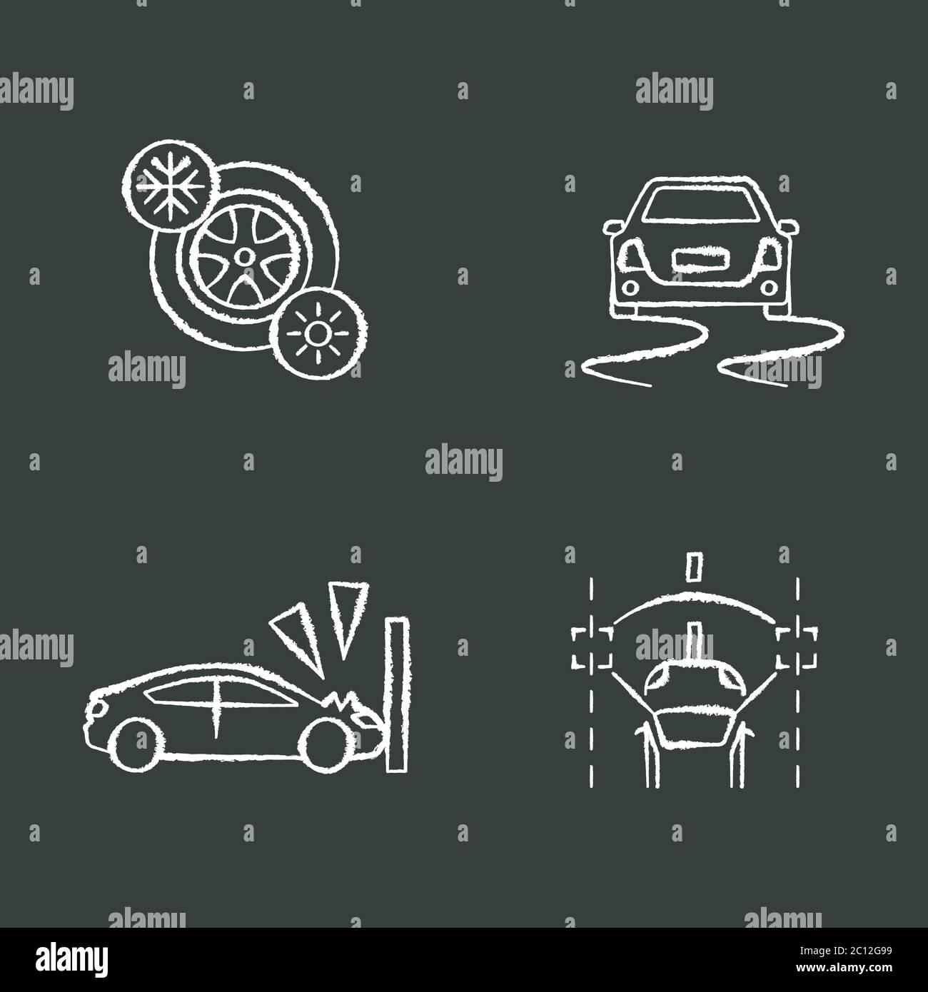 Car security measures chalk white icons set on black background Stock ...