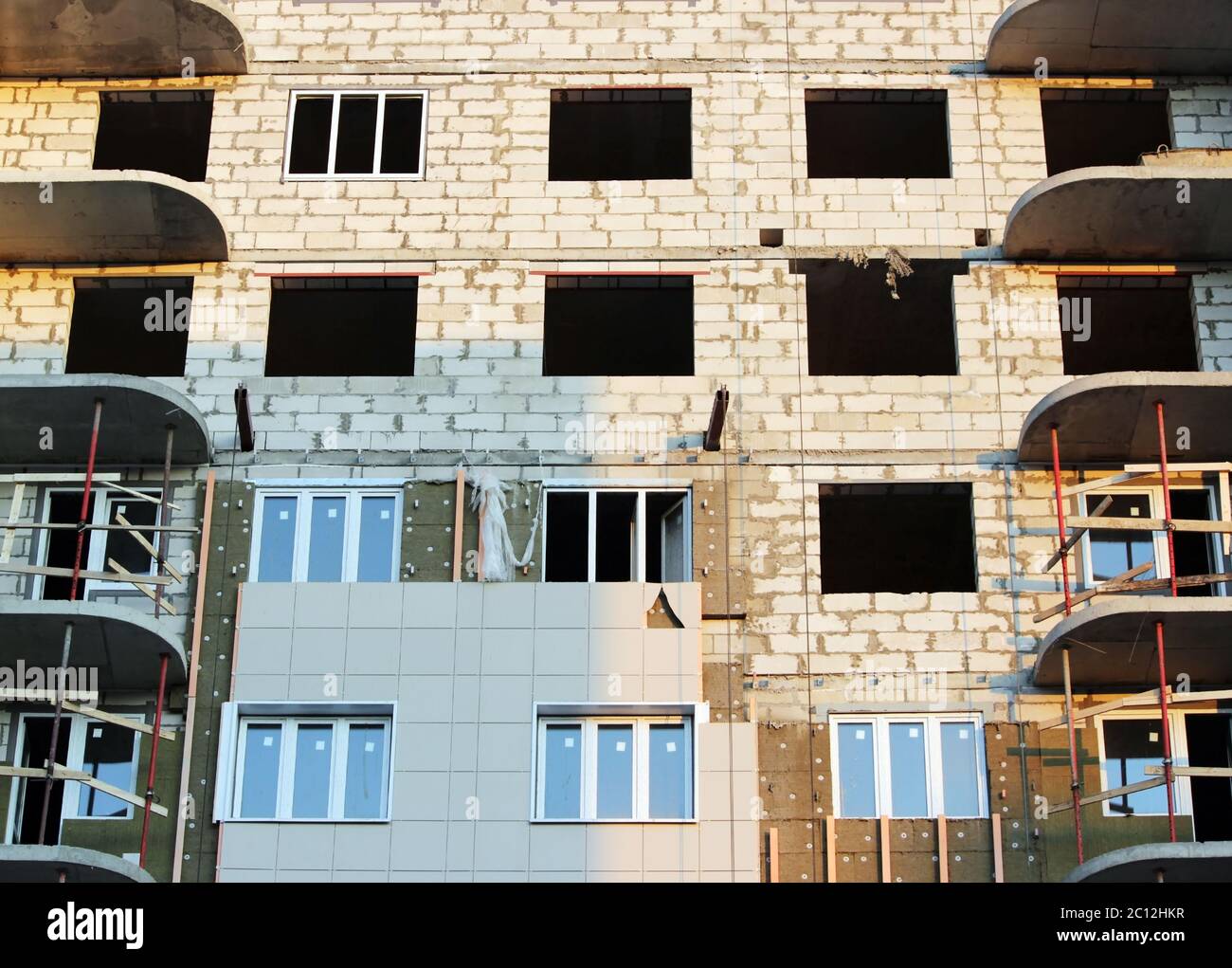 windows in a newly built house. wall structure with insulated non ...