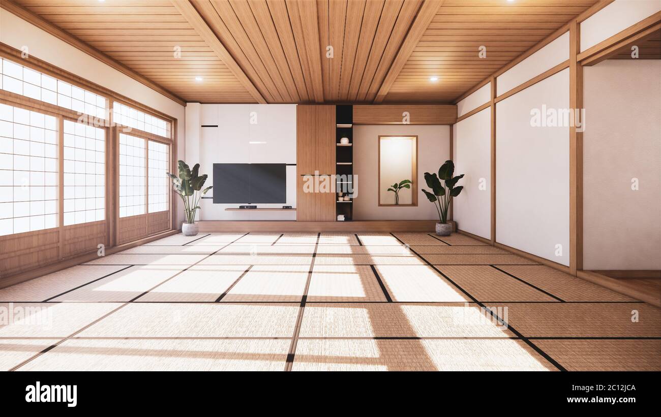 TV cabinet and shelf wall design zen interior of living room japanese ...
