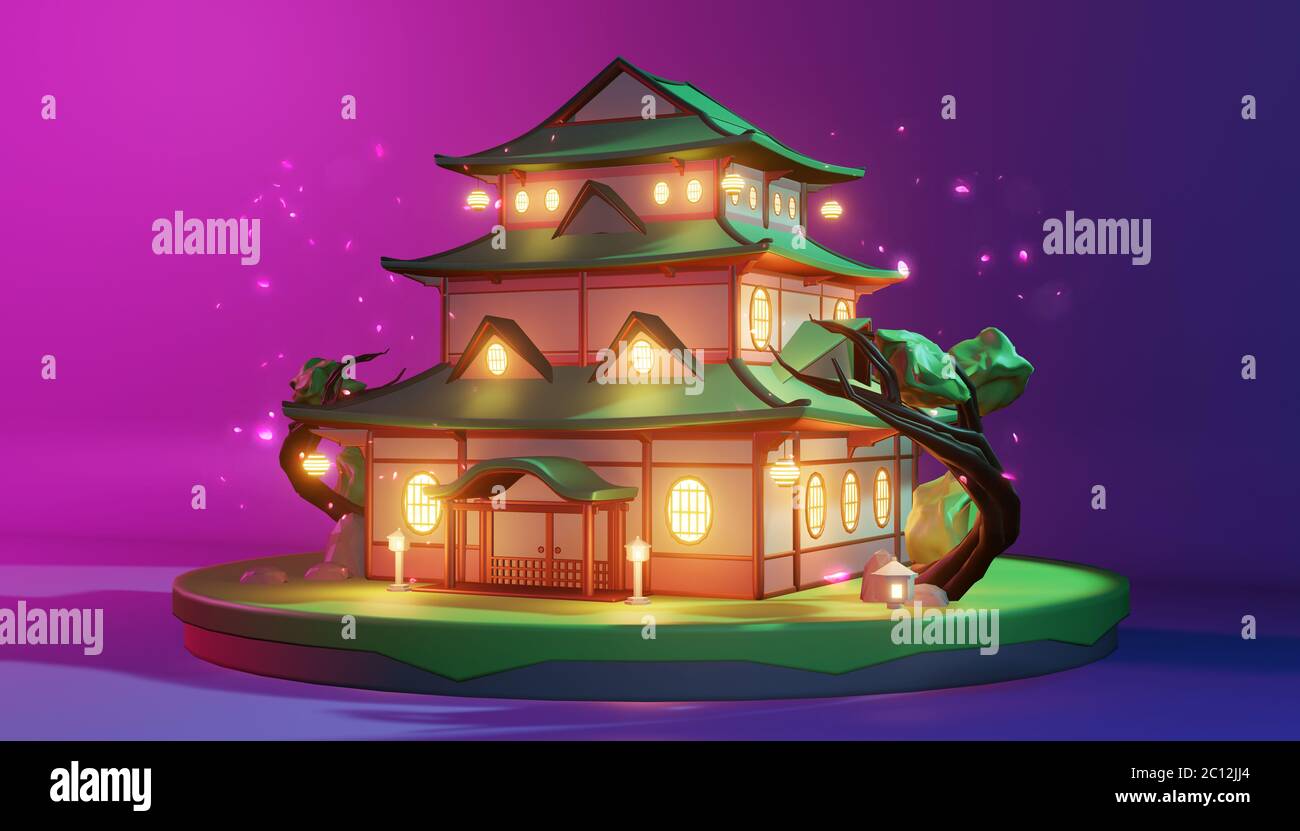 Low Poly - japanese house on island in purple blue background .3D ...