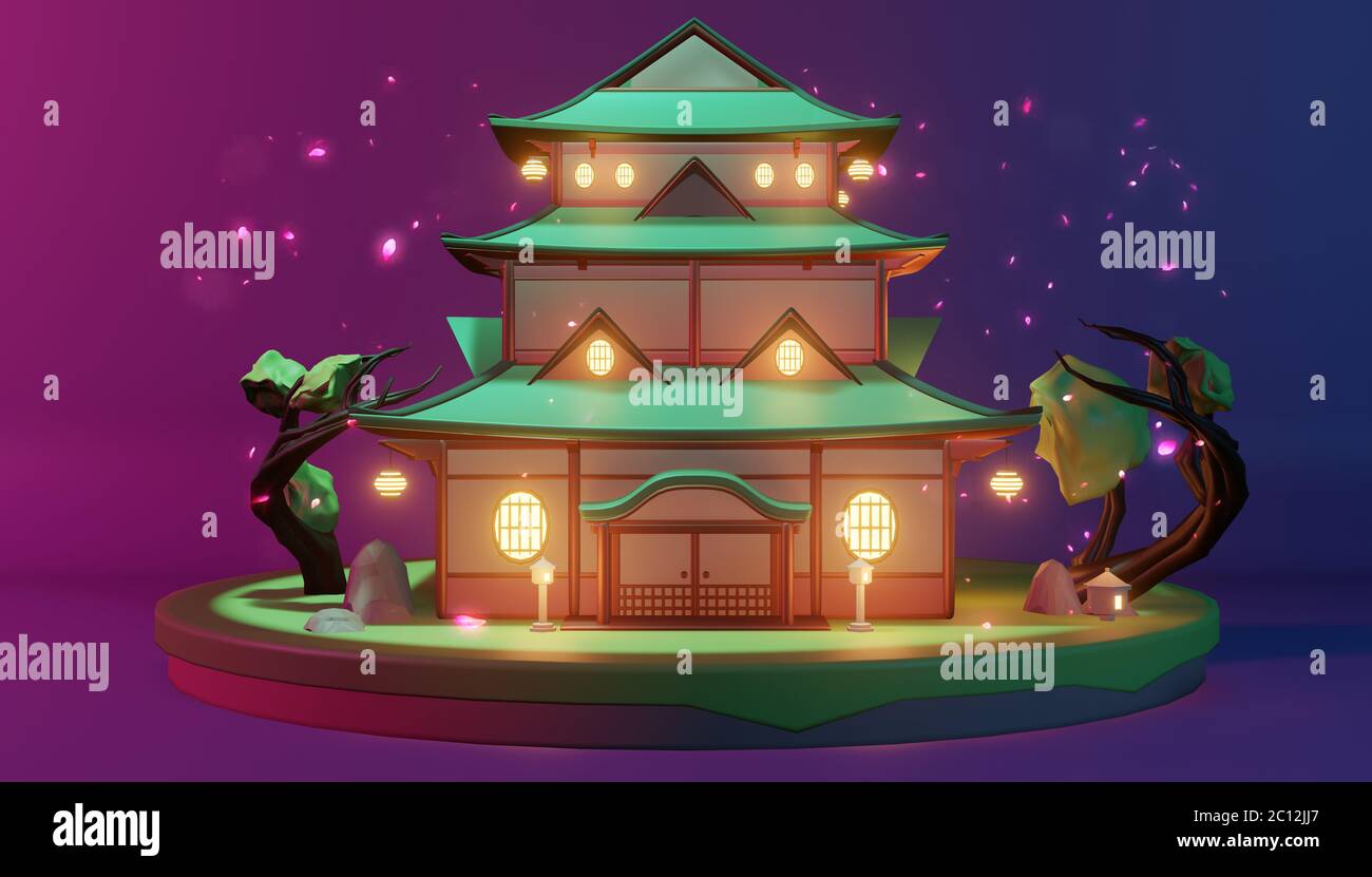 Low Poly - japanese house on island in purple blue background .3D ...