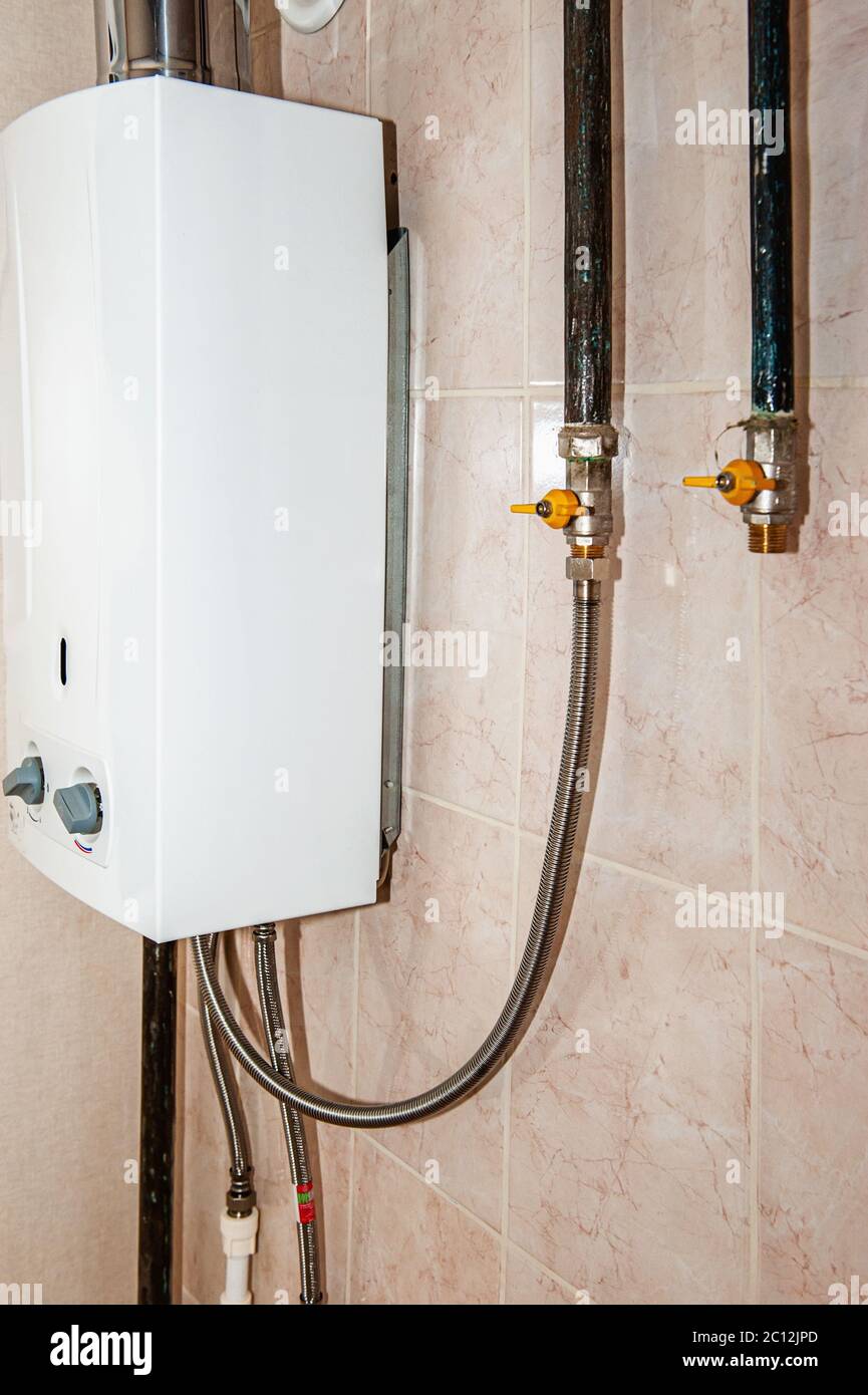 hot water connection of the gas equipment in the house. Engineering ...