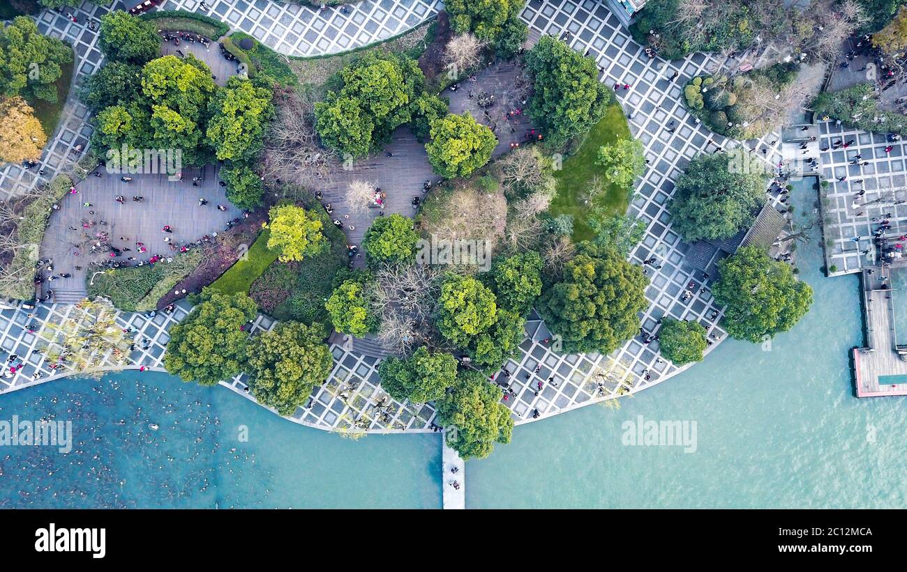 Aerial top-down view on the Chinese styled garden full of trees, open ...