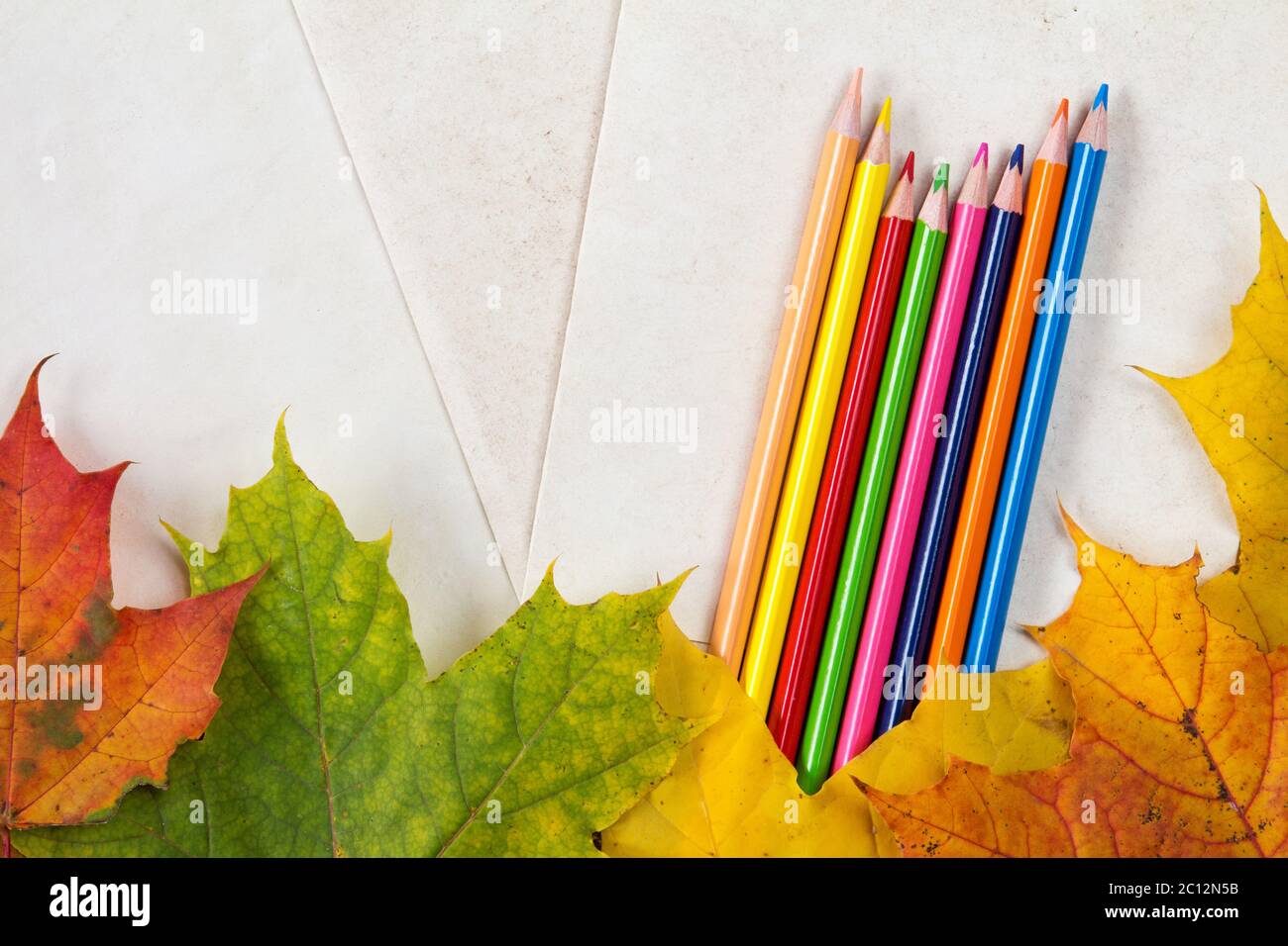 Fall leaves and color pencils Stock Photo - Alamy