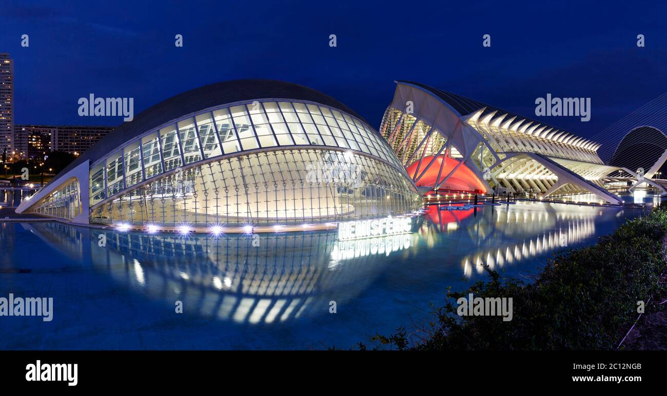 Hemispheric Imax theatre lit up at night, the science park, Valencia ...