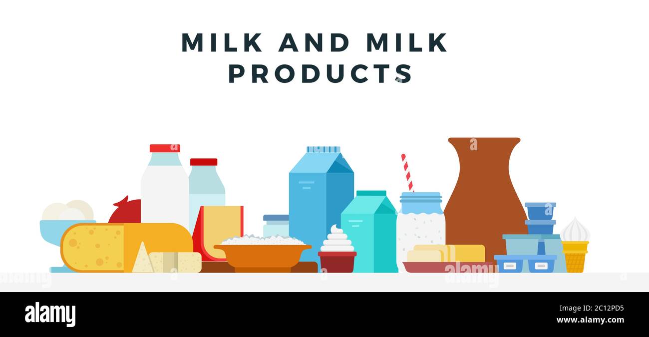 Milk products. Vector flat illustrations. Fresh organic milk products ...