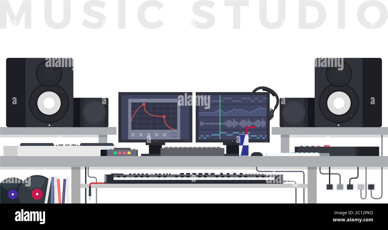 Music studio. Vector flat illustrations. Musician working cabinet with ...
