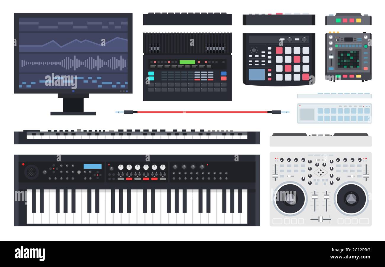 Set vector icons tools for create music in flat design. Workplace of ...
