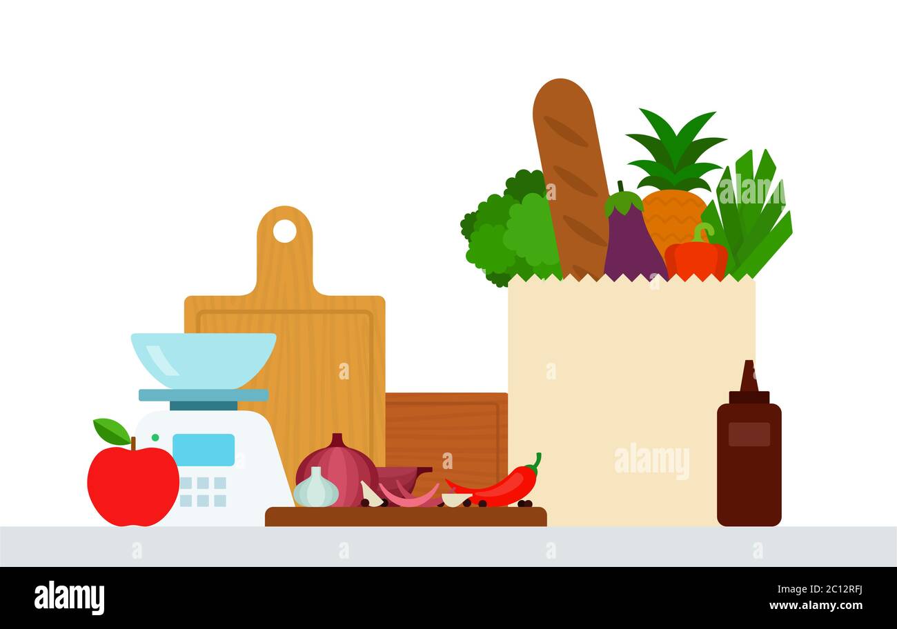 Set of products on the table and kitchen utensils vector illustration ...