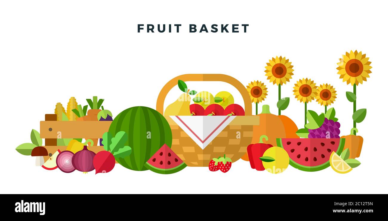 Harvest of different fruits and vegetables packed in basket, box vector ...