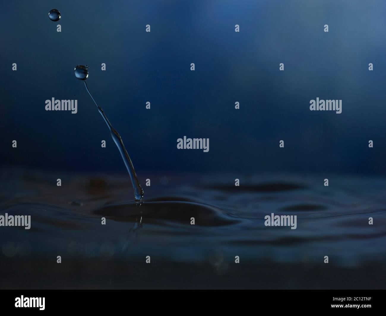 Water droplets falling on and bouncing off a pool of water, leaving ...