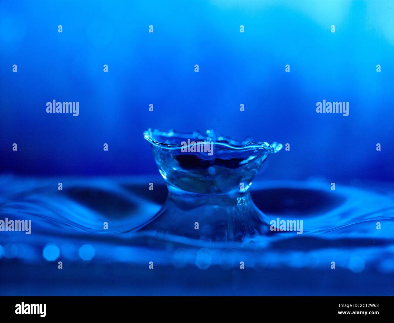 Water droplets falling on and bouncing off a pool of water, leaving ...