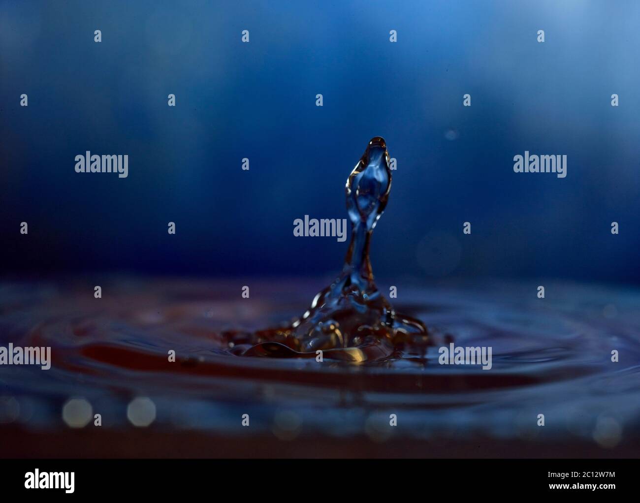 Water droplets falling on and bouncing off a pool of water, leaving ...