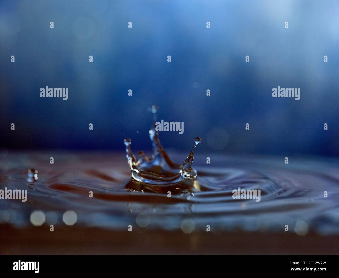 Water droplets falling on and bouncing off a pool of water, leaving ...