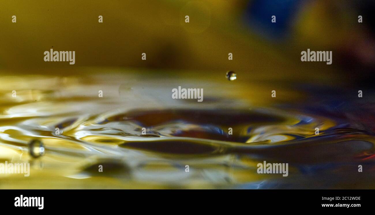 Water droplets falling on and bouncing off a pool of water, leaving ...