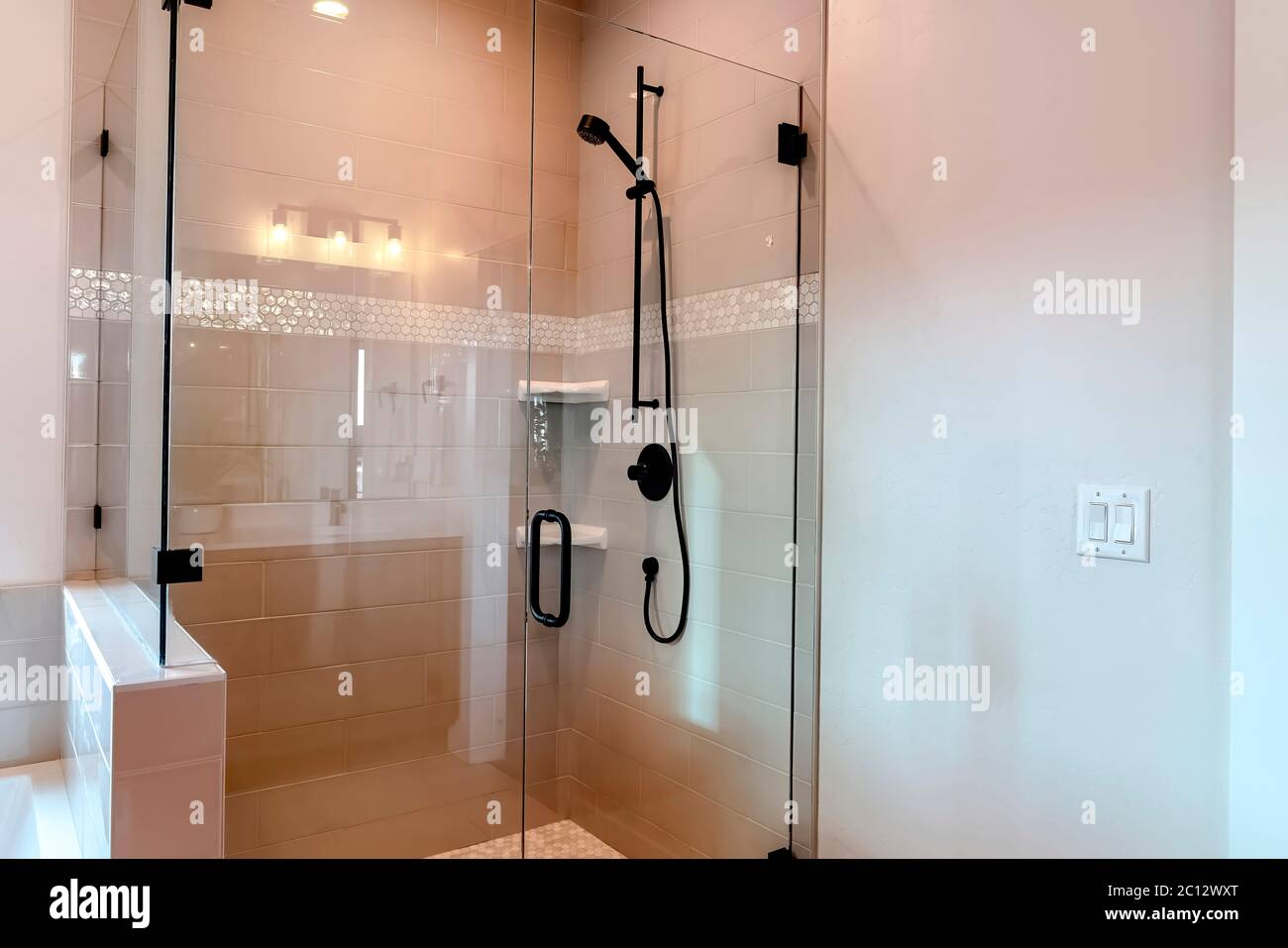 Bathroom rectangle shower stall with half glass enclosure and hinged ...