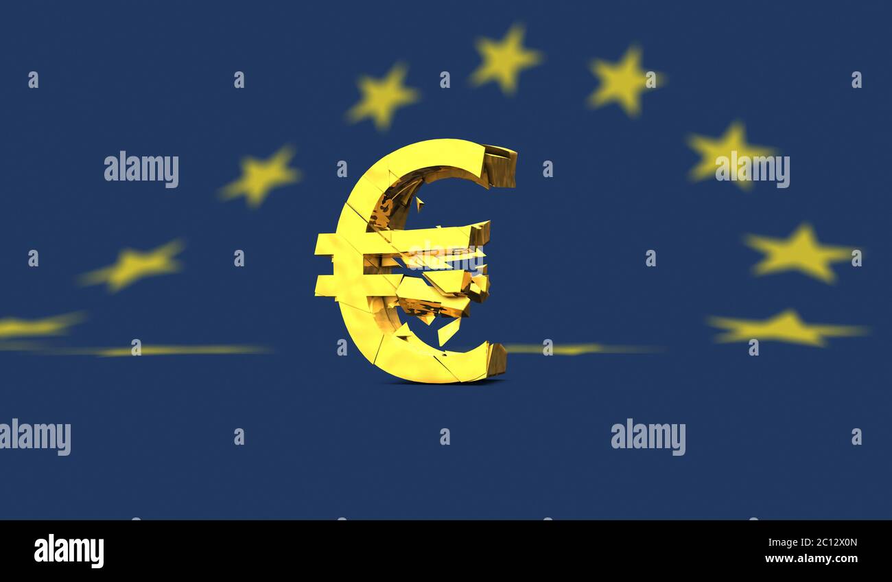 Yellow or golden broken euro sign or symbol standing on european flag ...