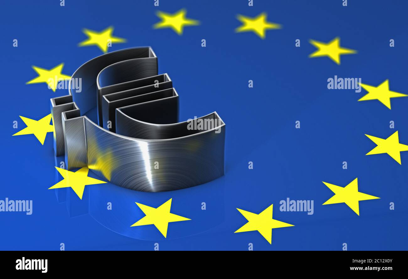 Shiny metal euro symbol lying on the flag of the european union Stock ...