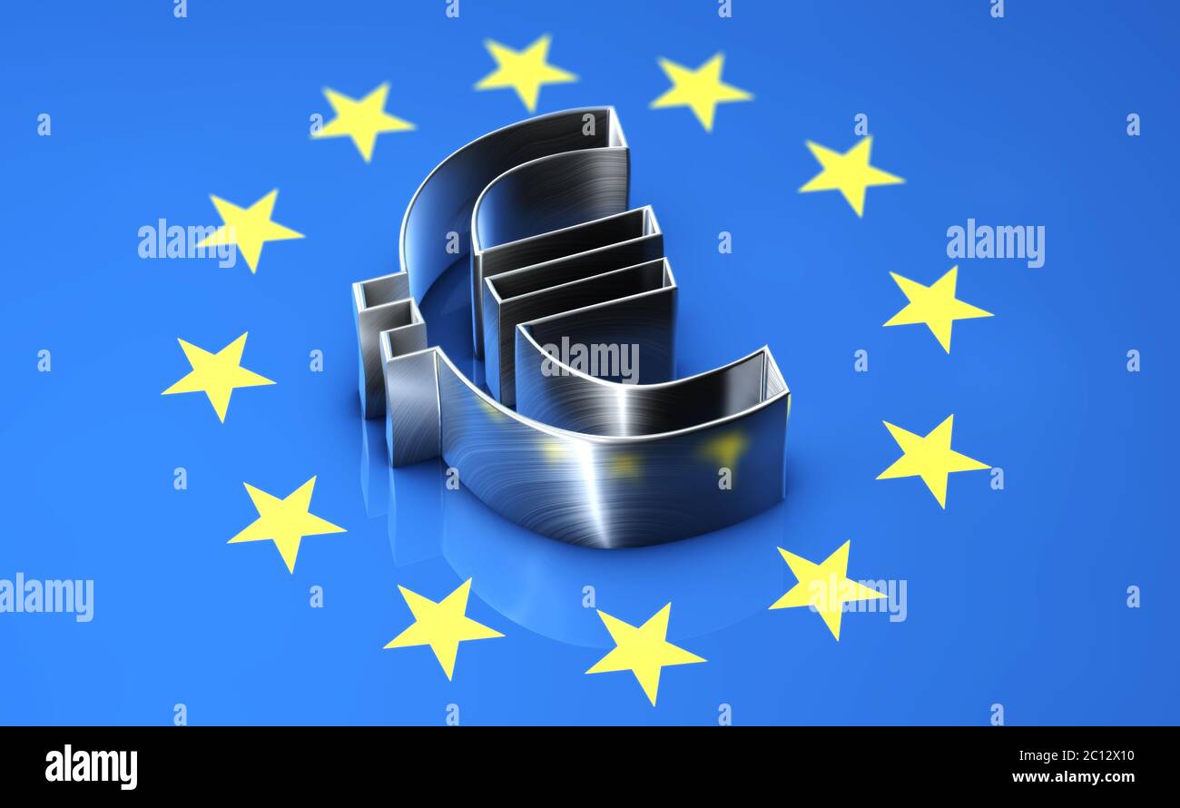 Shiny metal euro symbol lying on the flag of the european union Stock ...