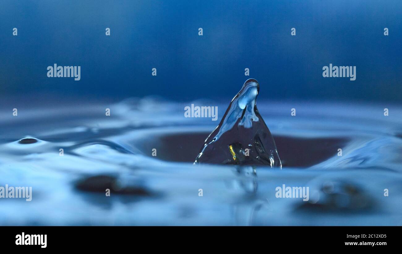 Water droplets falling on and bouncing off a pool of water, leaving ...