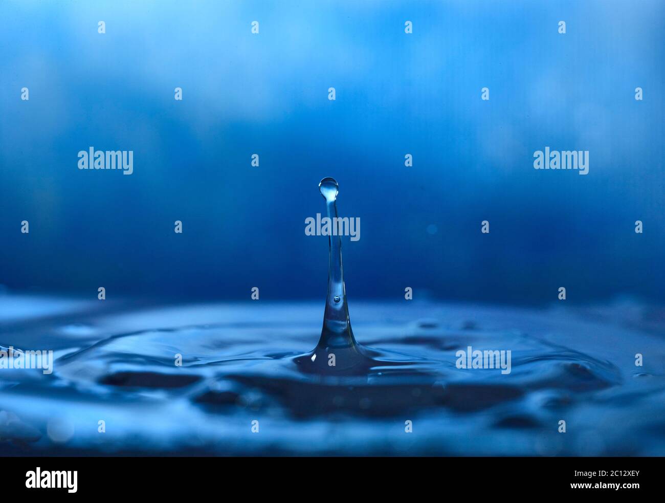 Water droplets falling on and bouncing off a pool of water, leaving ...