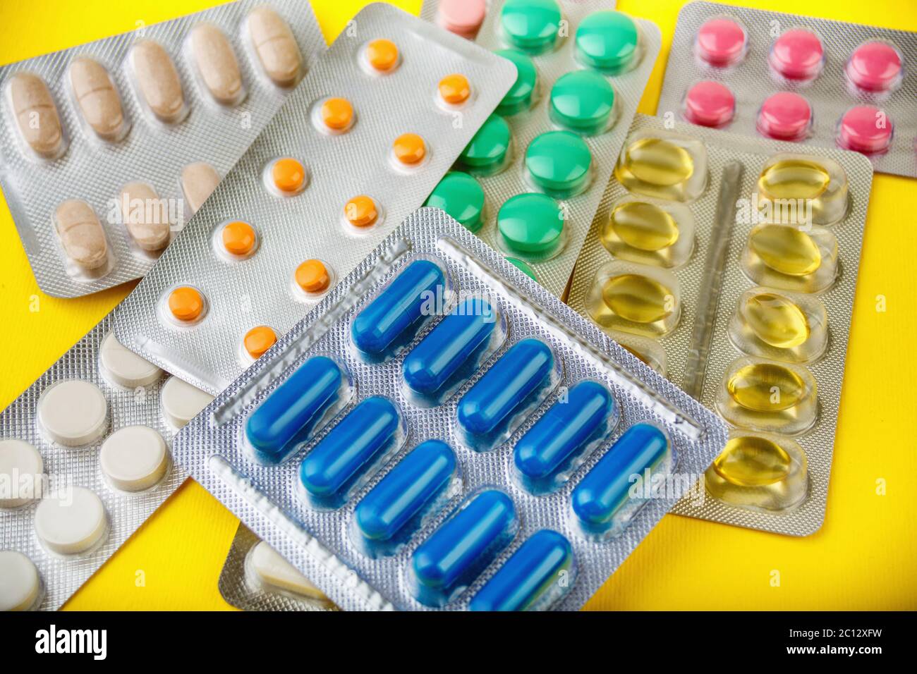 group of pharmaceutical medication and medicine pills in packs close up ...