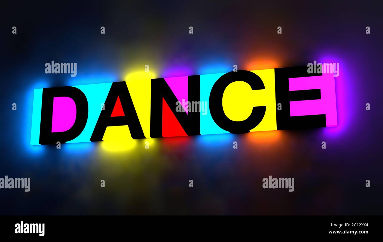 3d illustration of the colorful and glowing lettering of the word dance ...