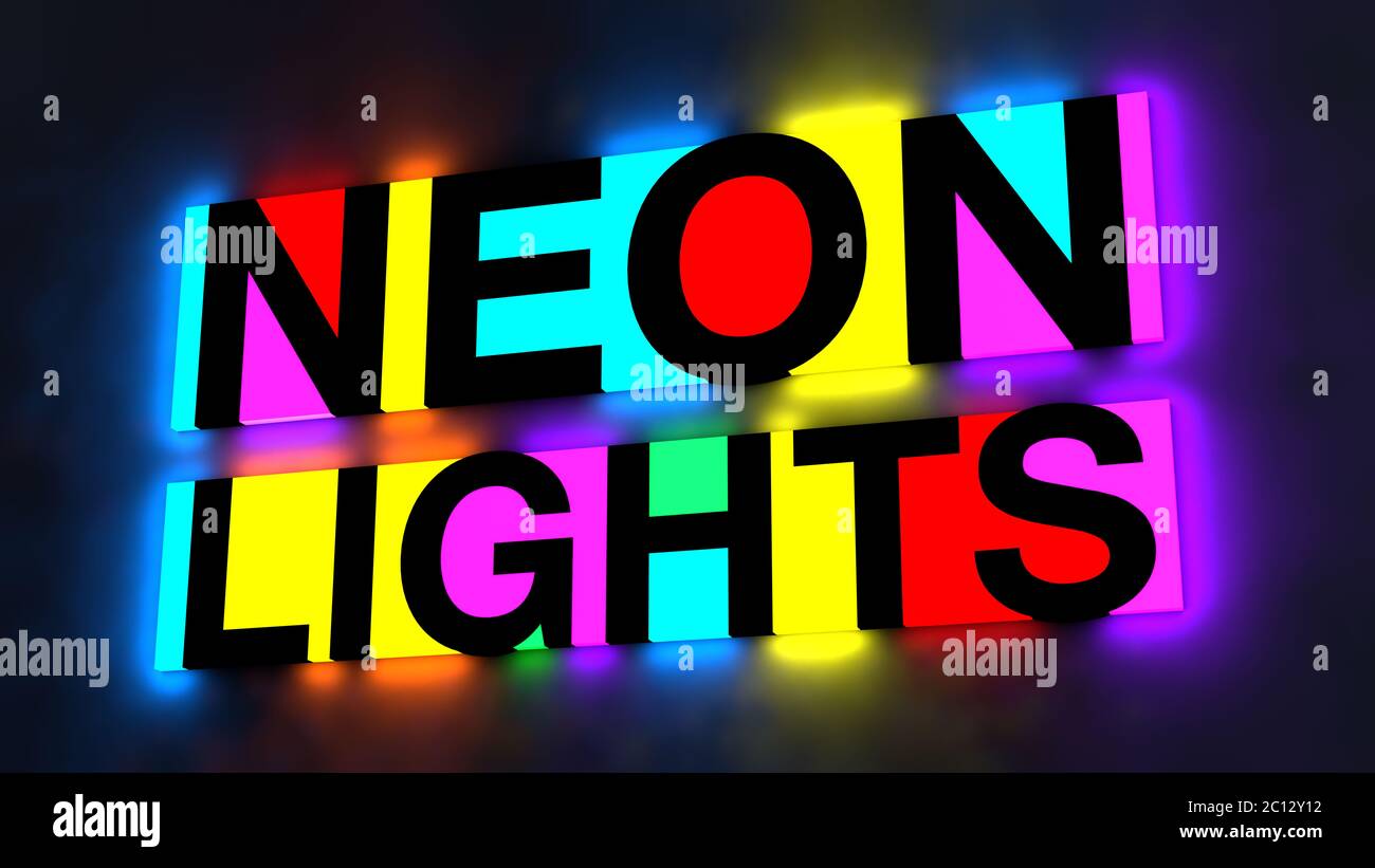 3d illustration of the colorful and glowing lettering of the words neon ...