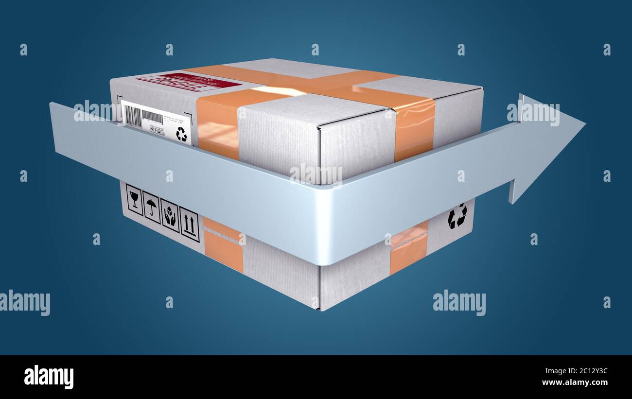 Cardboard parcels or shipping carton with circulating arrow - 3d ...