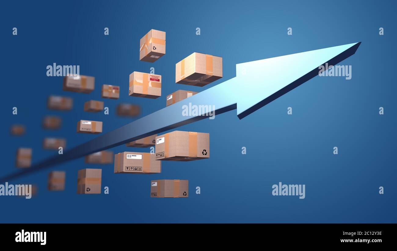 Shipping cartons follow a big arrow - 3d illustration Stock Photo - Alamy