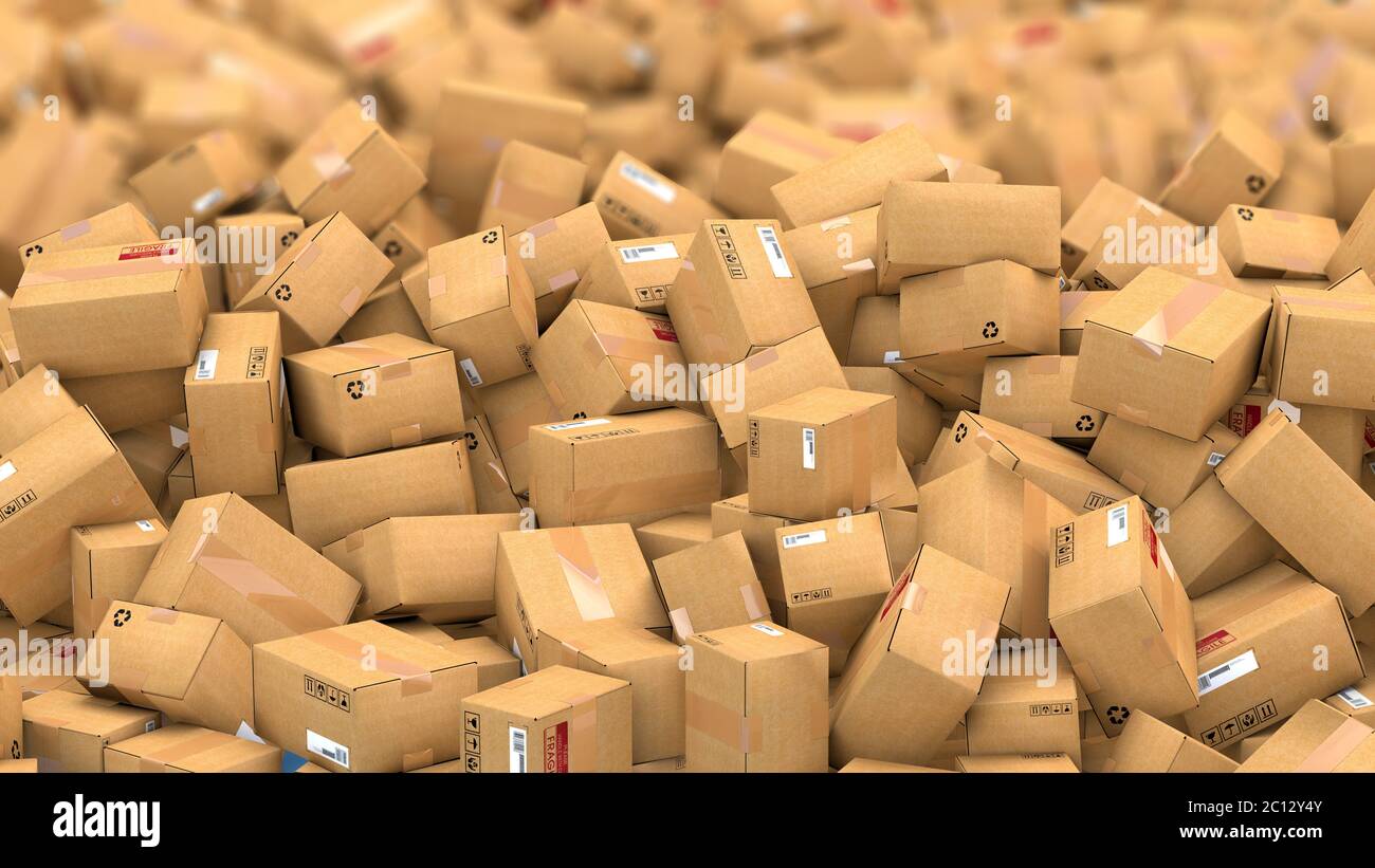 3d illustration of hundreds of cardboard parcels lying on a heap Stock ...