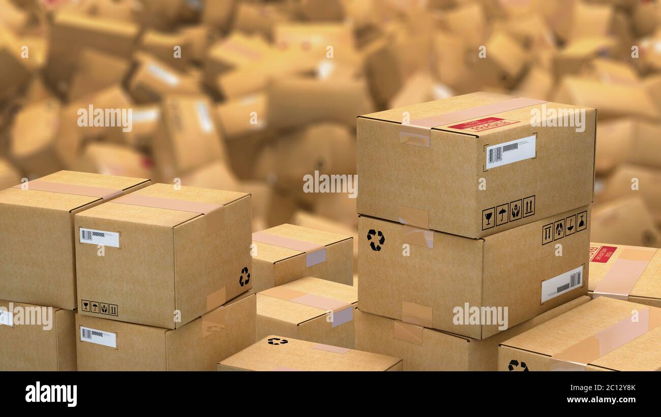 3d illustration of hundreds of cardboard parcels lying on a heap Stock ...