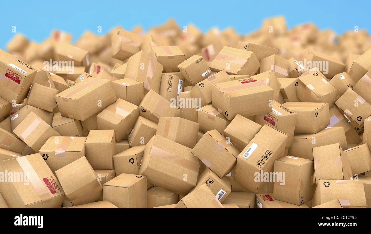 3d illustration of hundreds of cardboard parcels lying on a heap Stock ...