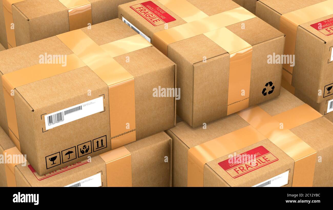 Stack of cardboard parcels lying on a heap - 3d illustration Stock ...