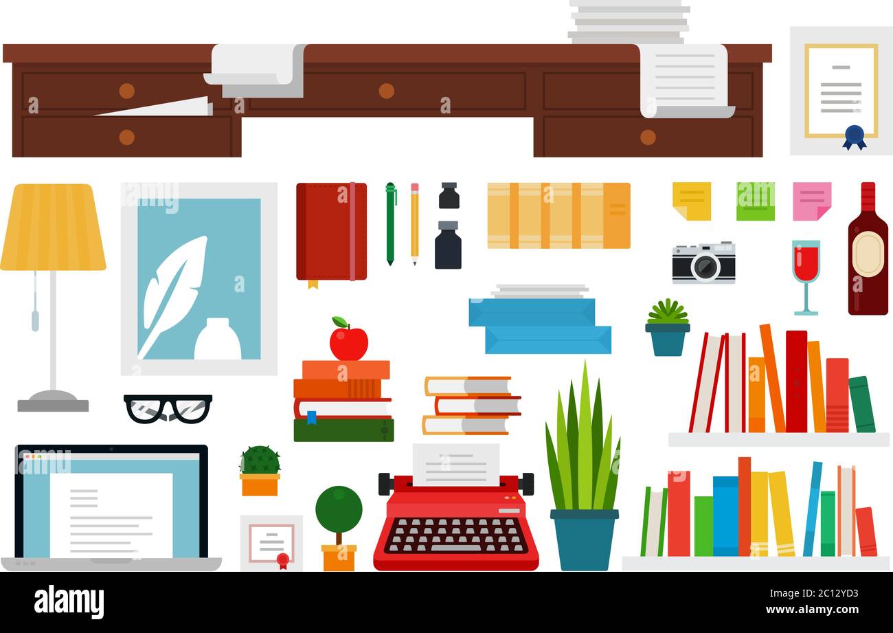 Set of Writer Workplace flat vector illustration Stock Vector Image ...