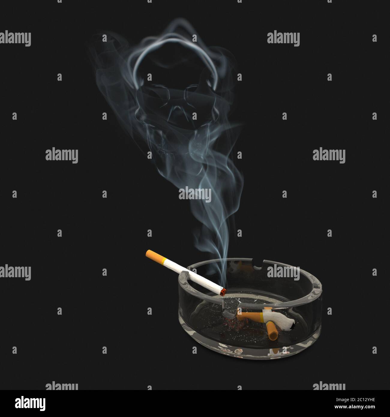Ashtray with cigarette and skull inside smoke Stock Photo - Alamy