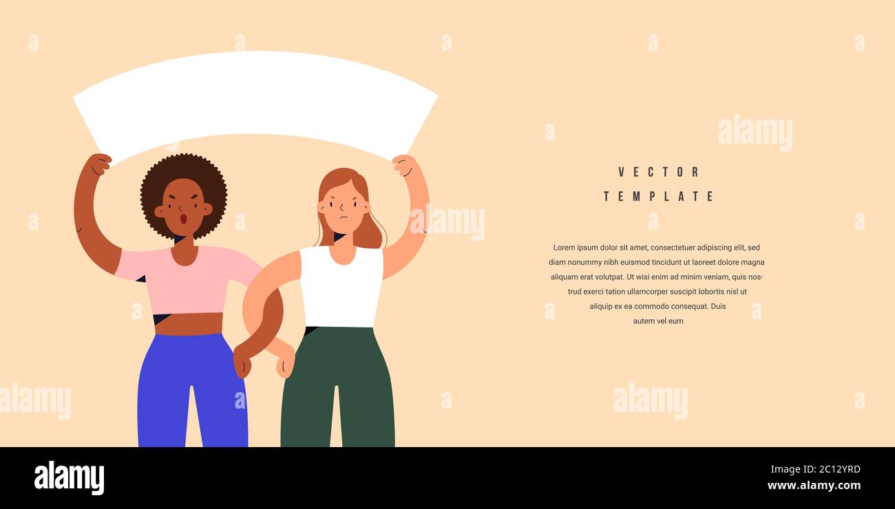 Protesters standing and holding a blank banner placard, angry young ...