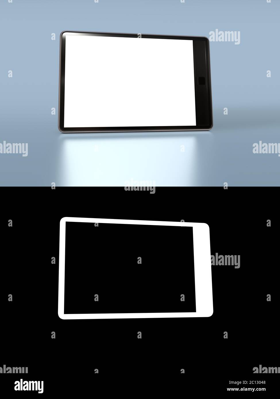 Tablet personal computer in black with chrome edge standing on ...