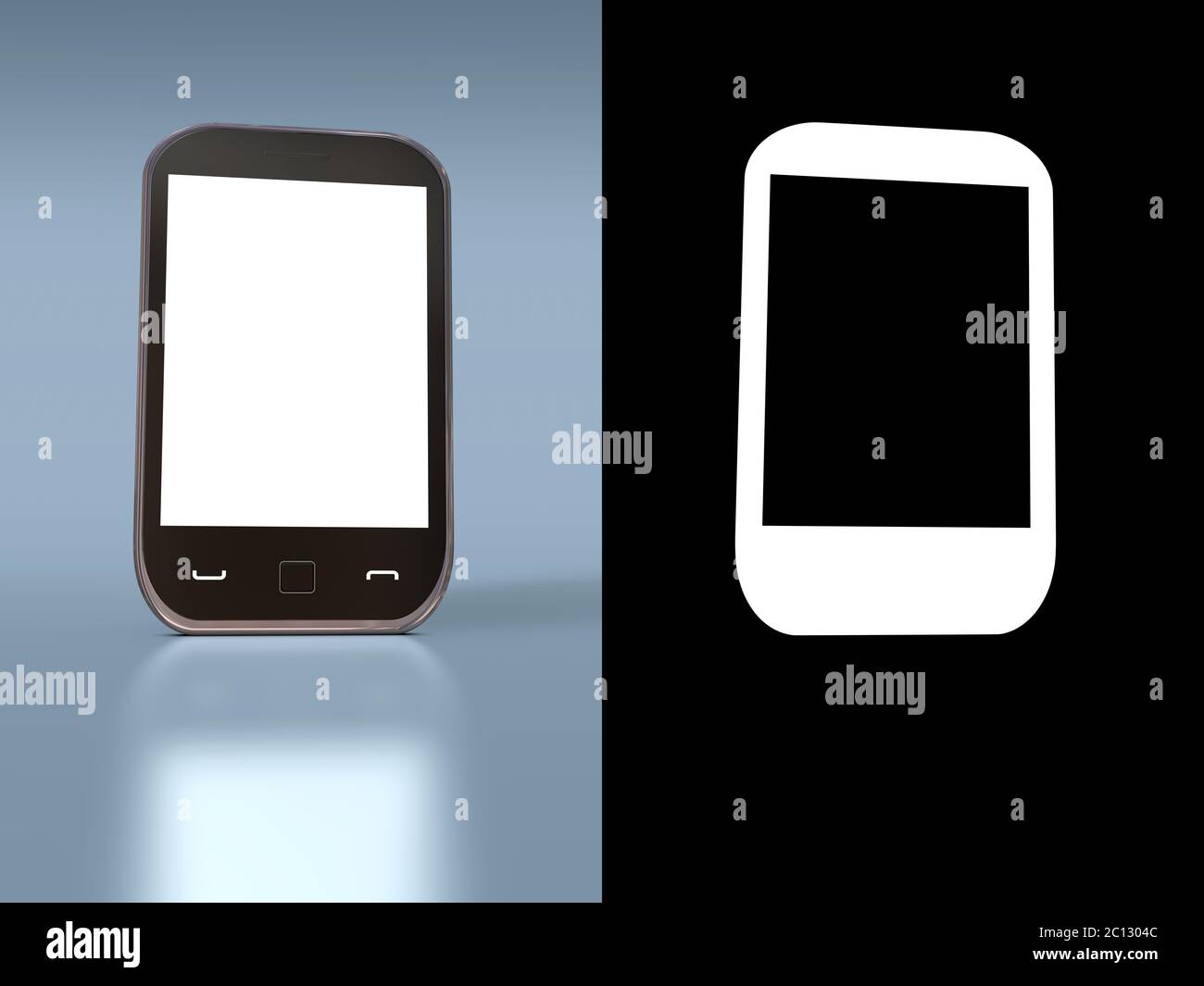 Smart-phone or cell phone standing on blue reflective underground. With ...