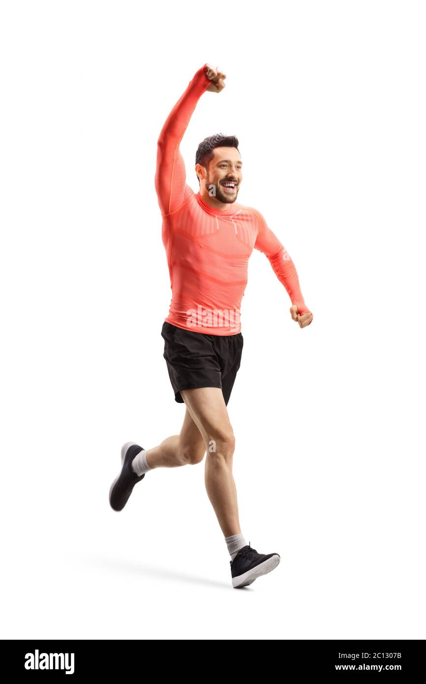 Full length shot of a fit young man running and gesturing with hand ...