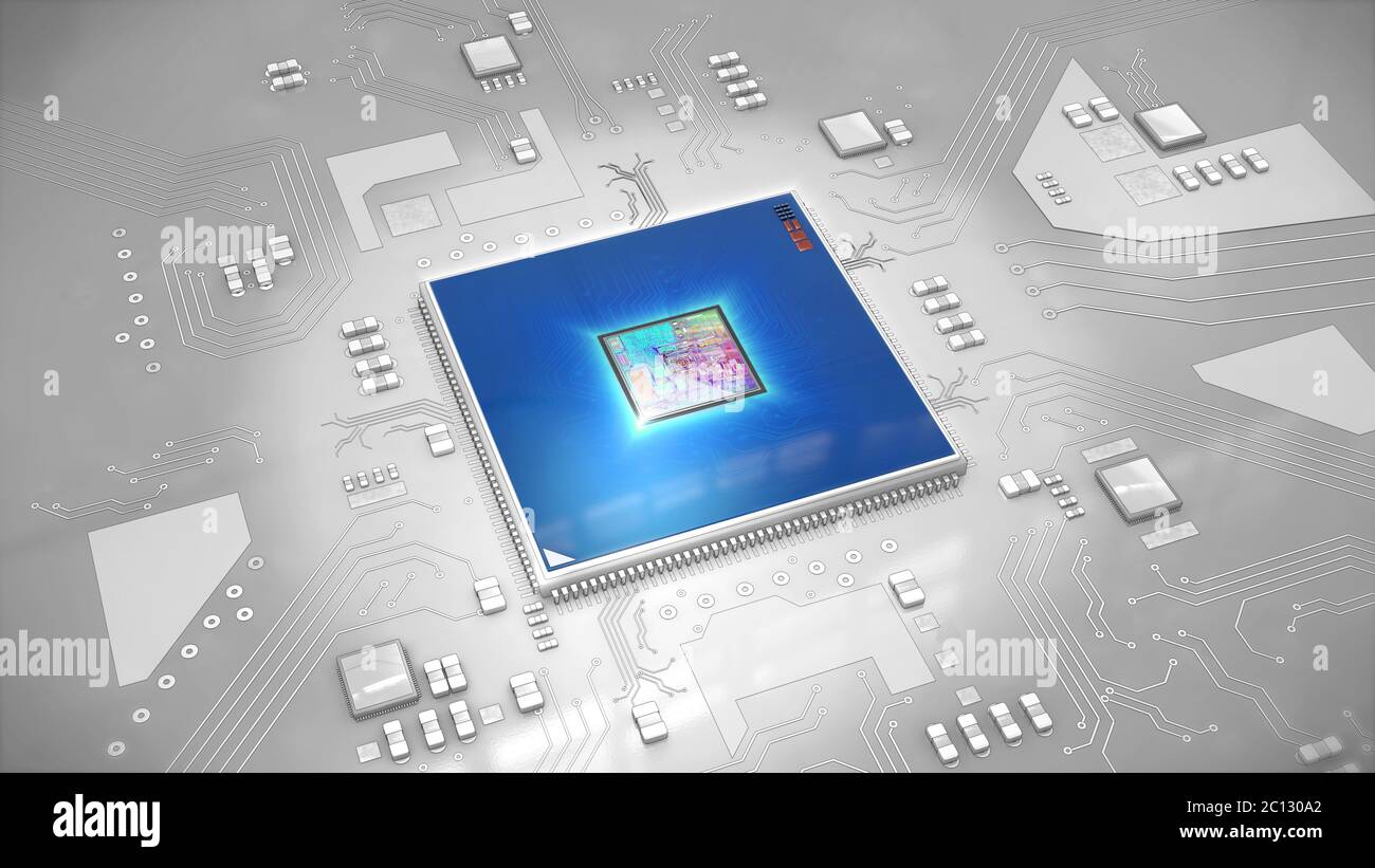 Illustration of a computer processor in bright blue on circuit board ...