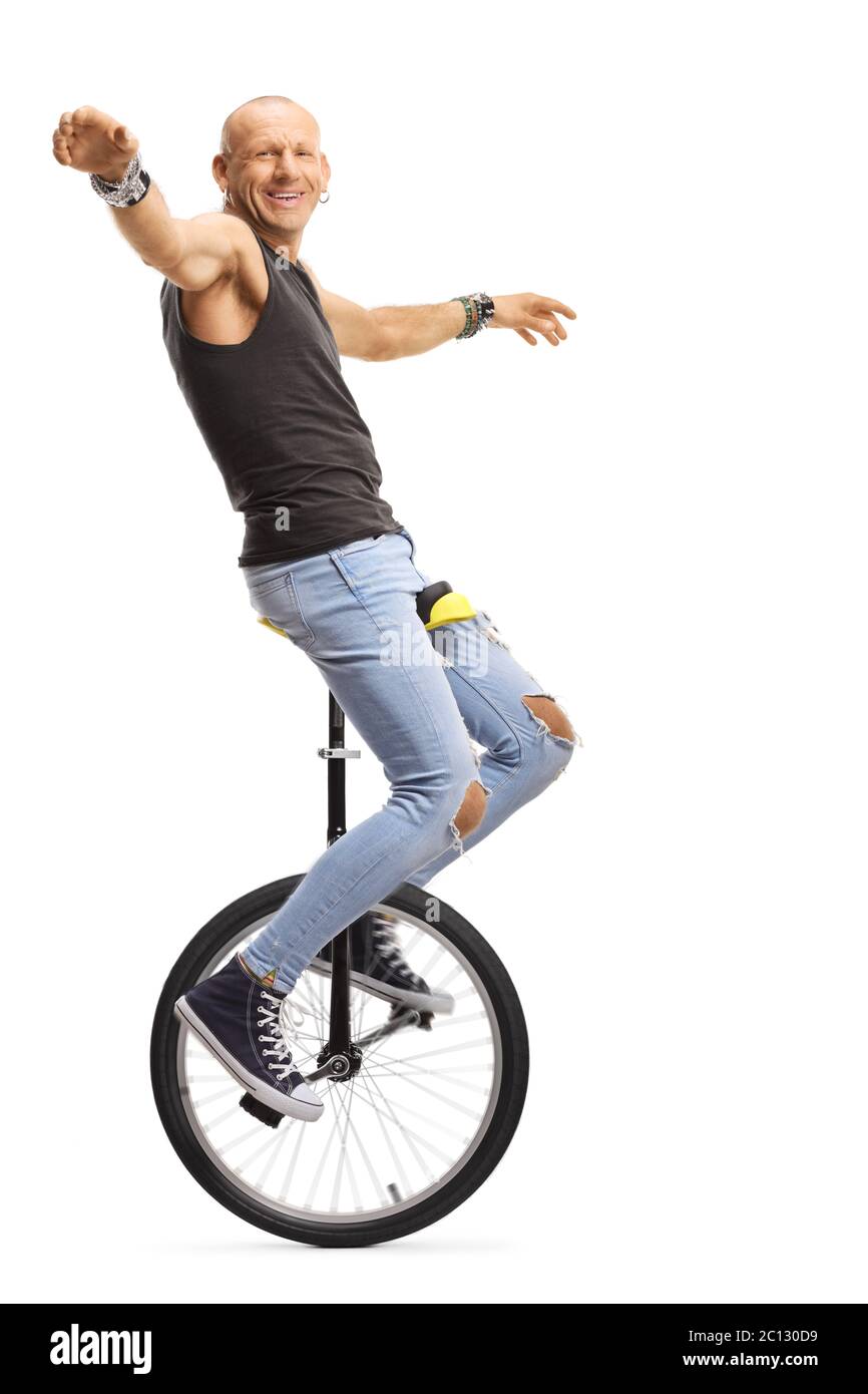 Bald man hipster riding unicycle isolated on white background Stock ...