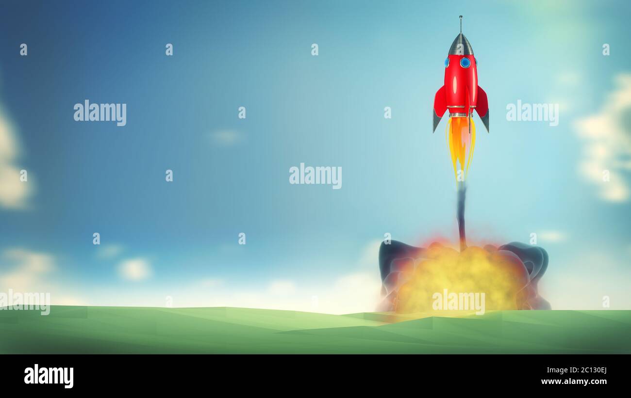 Liftoff of a red retro spaceship into the sky Stock Photo - Alamy
