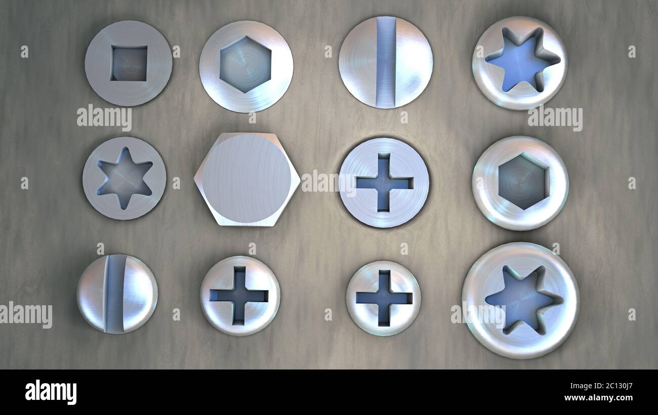 Top view of various metal screw heads - 3d illustration Stock Photo - Alamy