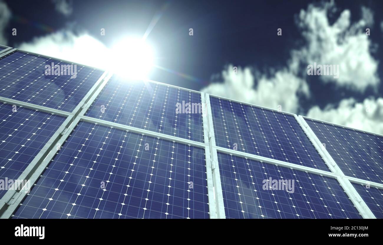 Solar panels or solar collectors heading towards the sky infront of ...