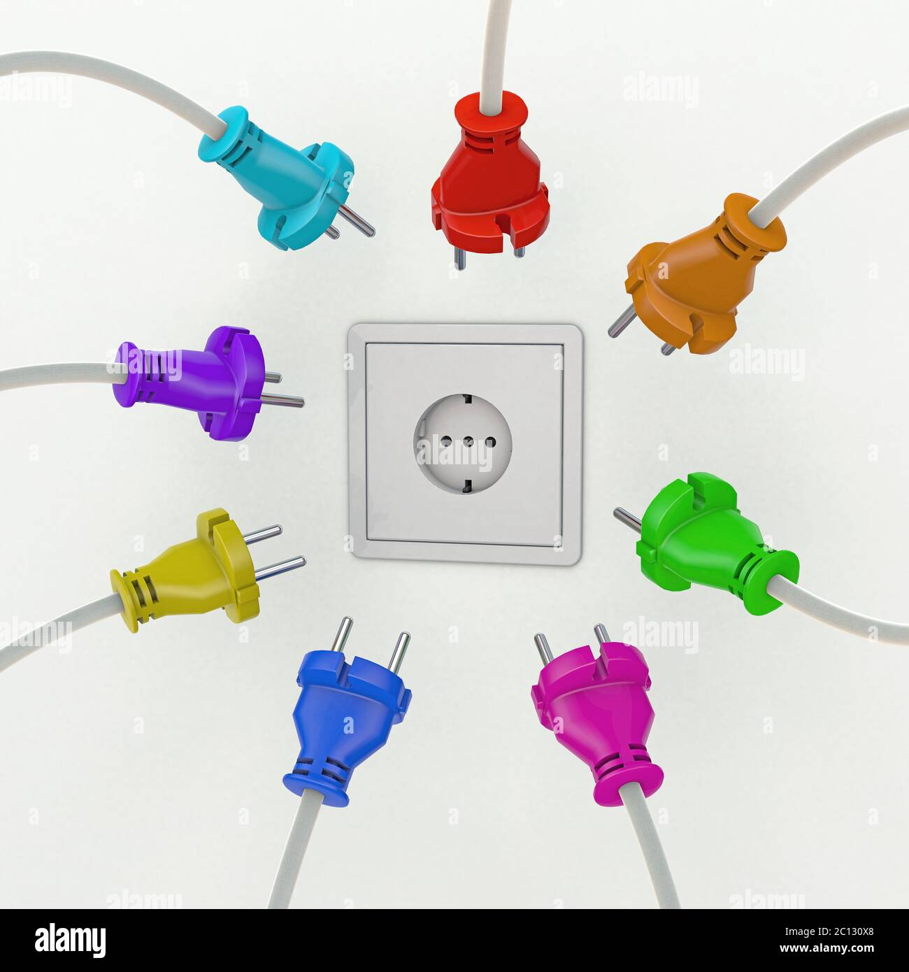 3d illustration of a wall socket with many different colored power ...