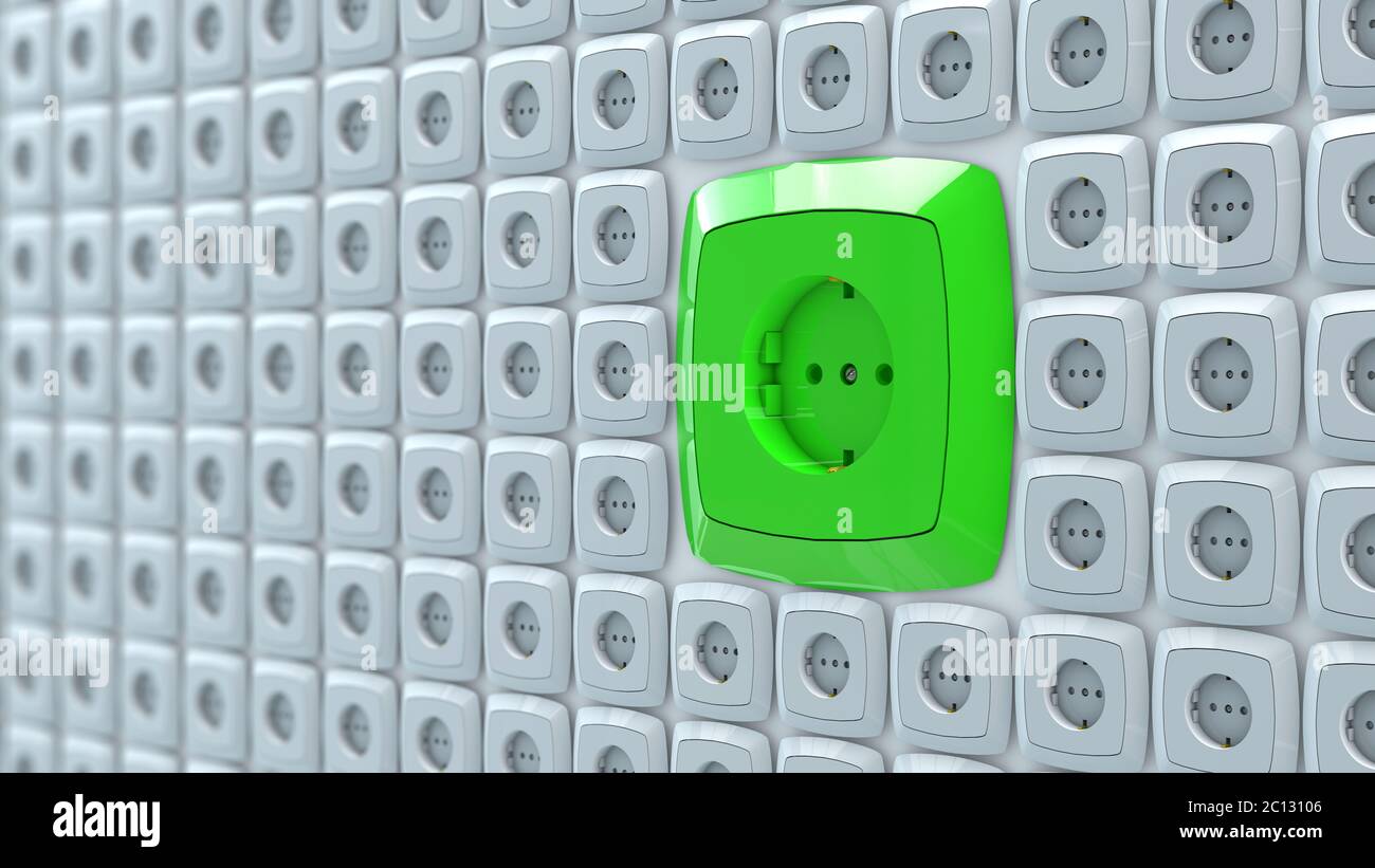 3d illustration of wall power plug sockets with big green ac power ...