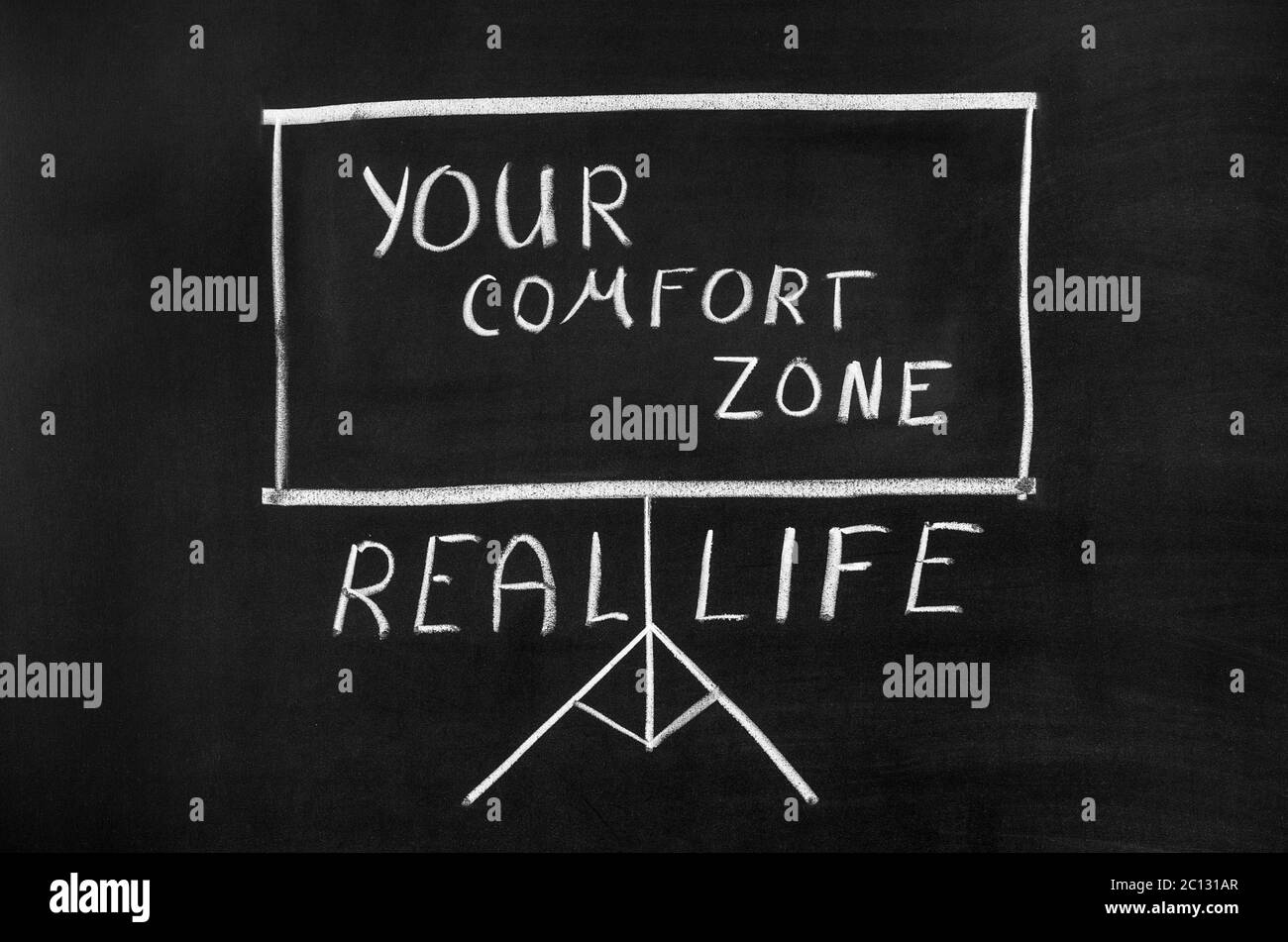 Projector screen drawn on the blackboard. The display shows text Stock ...