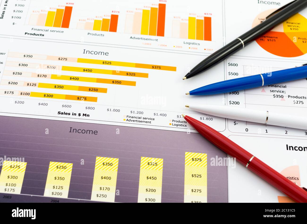 Sales Report in Statistics Graphs and several color pencil's Stock ...