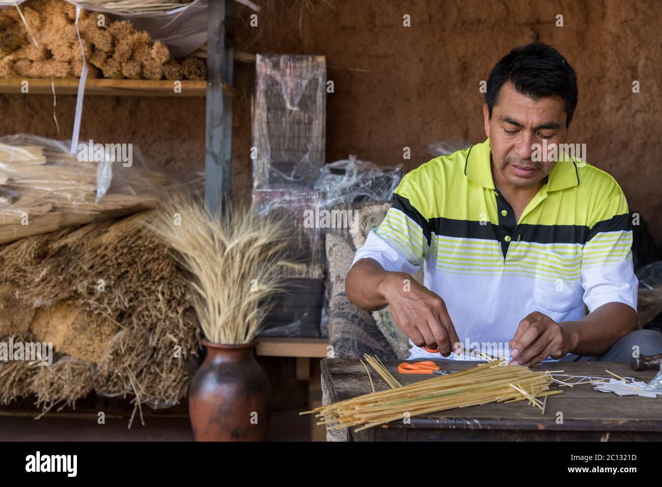 Renowned Popotillo reed artist Antonio Cornelio Rendon working in his ...